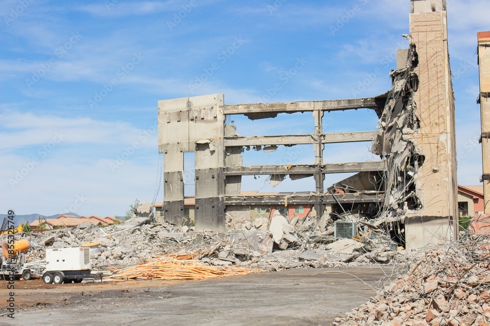 Apartment building destroyed by fire and being torn down. Stock Photo ...