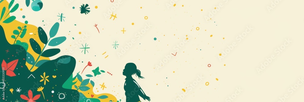 Horizontal banner. World ADHD Awareness Day. Green silhouette of a girl ...