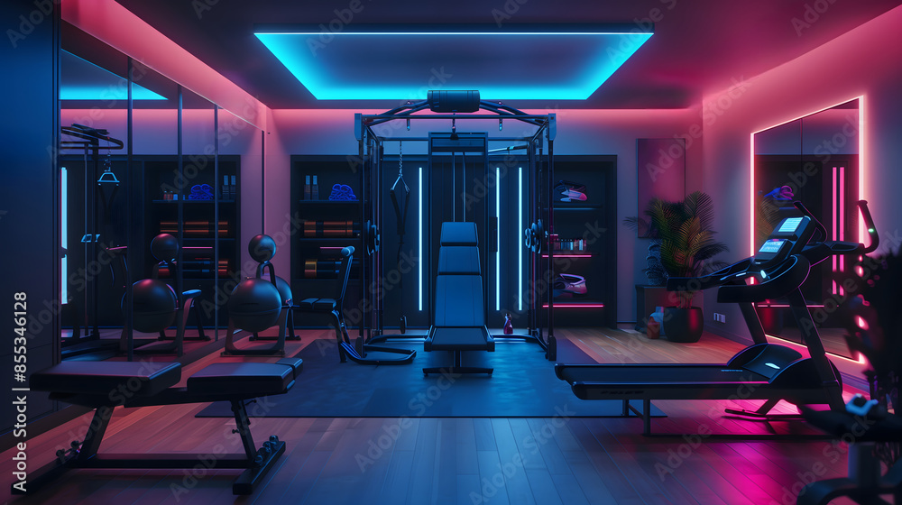 gym with high-tech equipment and neon lights, representing the future ...