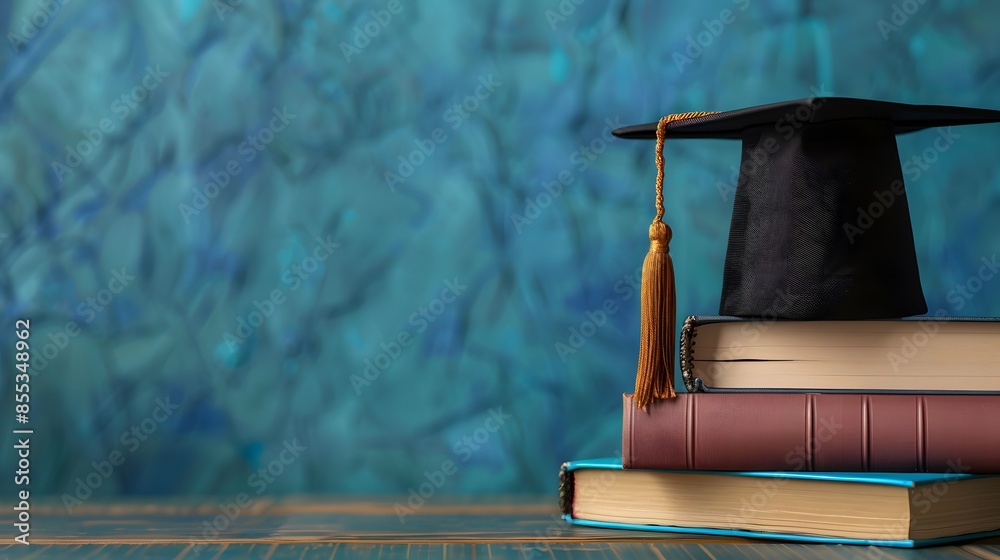 Graduation day.A mortarboard and graduation scroll on stack of books ...