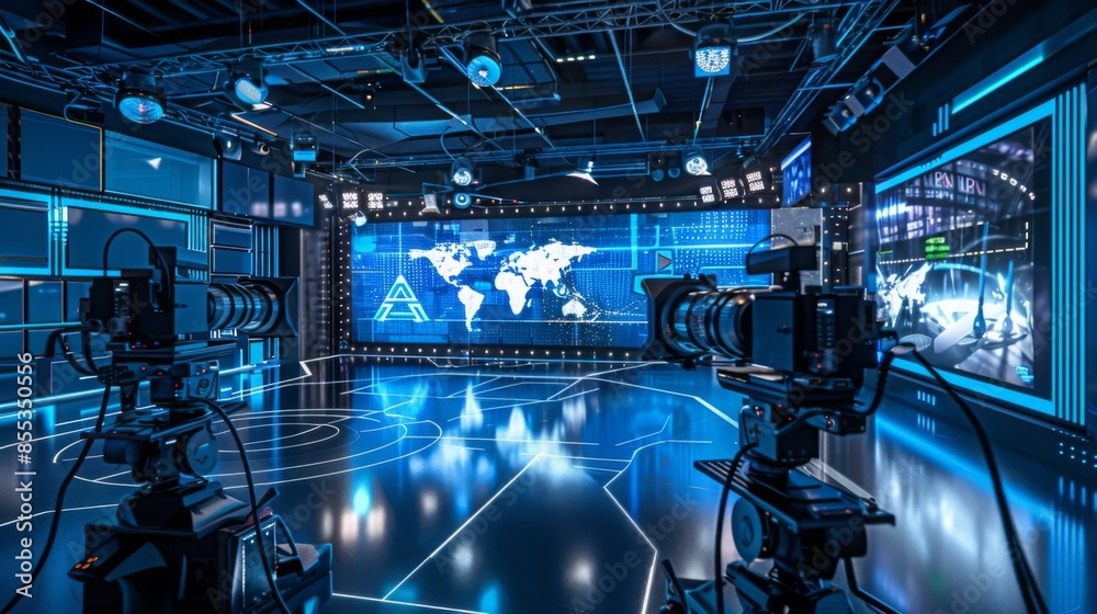 A modern television studio with two cameras and a large screen ...