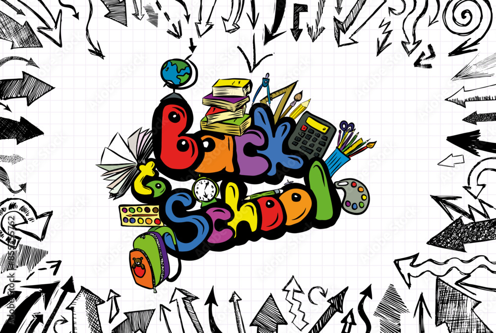 Welcome Back to school horizontal banner, doodle on checkered paper ...