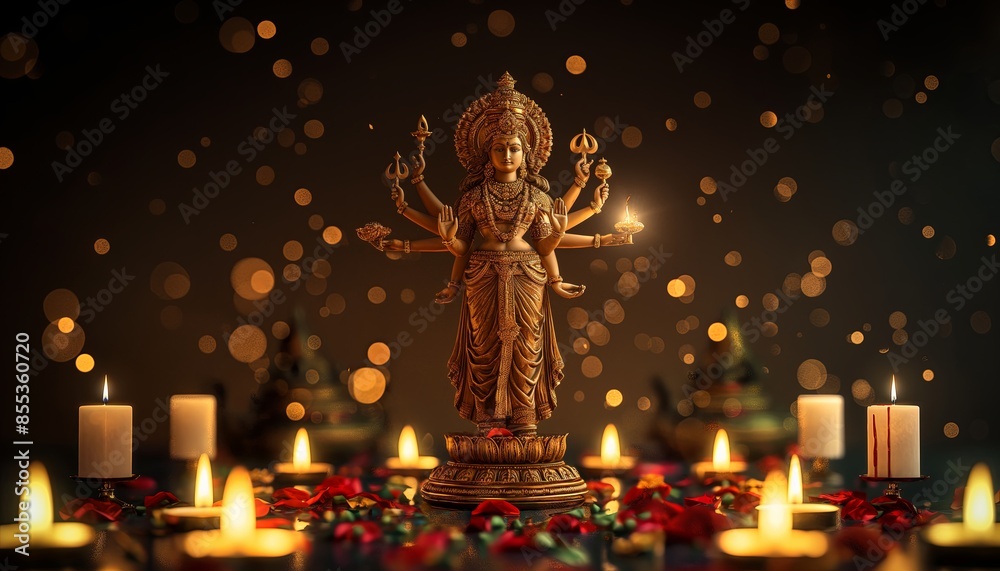 The statue of Goddess Durga stands majestically, surrounded by lights ...