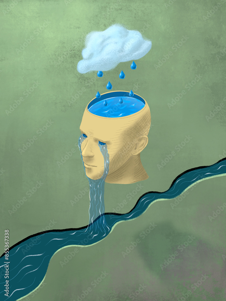 Catharsis flow. Rain drops fill an human head. The water exits from the ...