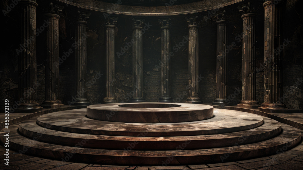 A circular ancient Roman-style room with stone pillars and a dark ...