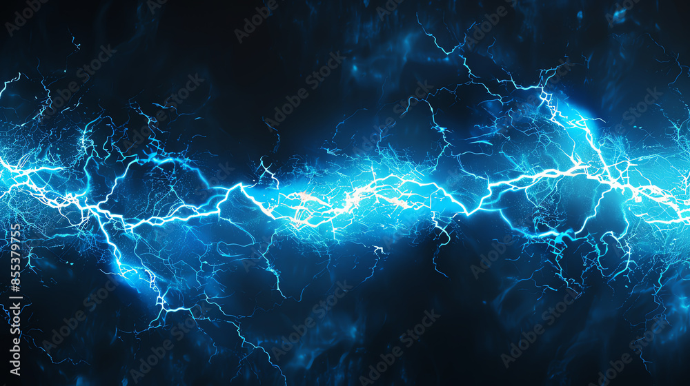 Bright blue electricity or lightning bolt on a dark background ...