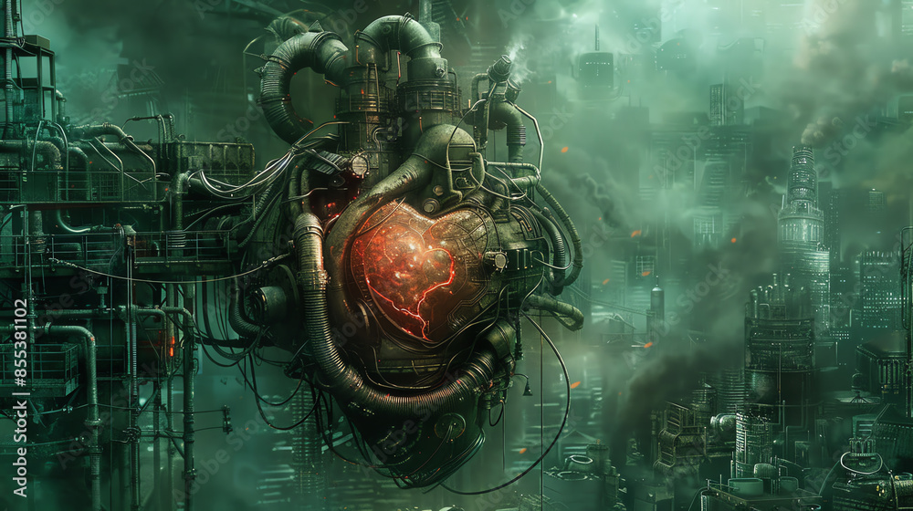 Steampunk heart machinery in an industrial dystopian landscape, with ...