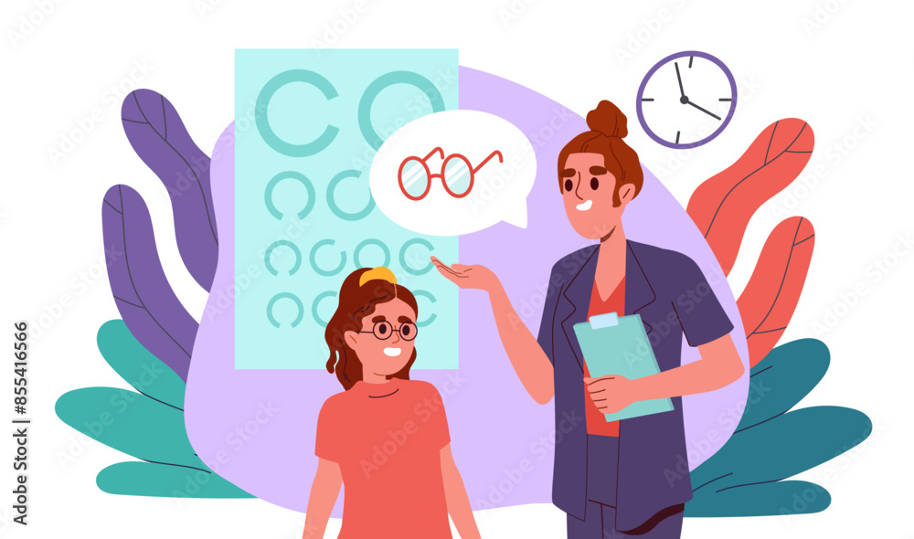 Child at oculist concept. Woman in uniform and girl near vision test ...