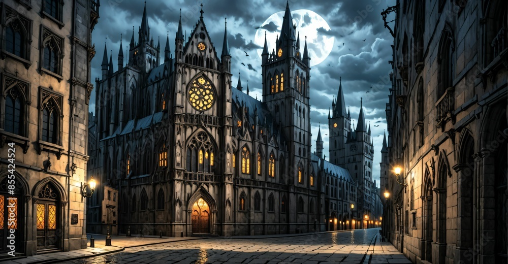 gothic castle palace city building at night. medieval goth tower ...