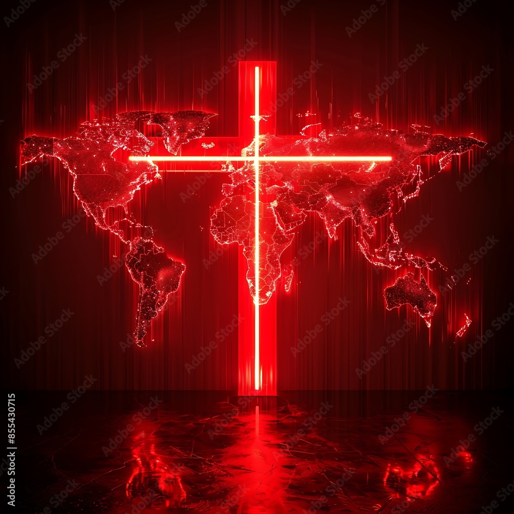 Red glowing holy cross of Jesus Christ and world map and global ...