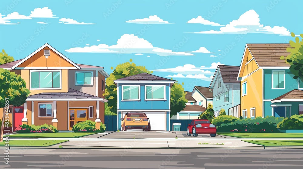 Boring suburban street, flat design, side view, mundane houses, cartoon ...