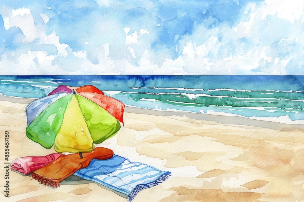 Watercolor painting of a relaxing beach scene with a colorful umbrella ...