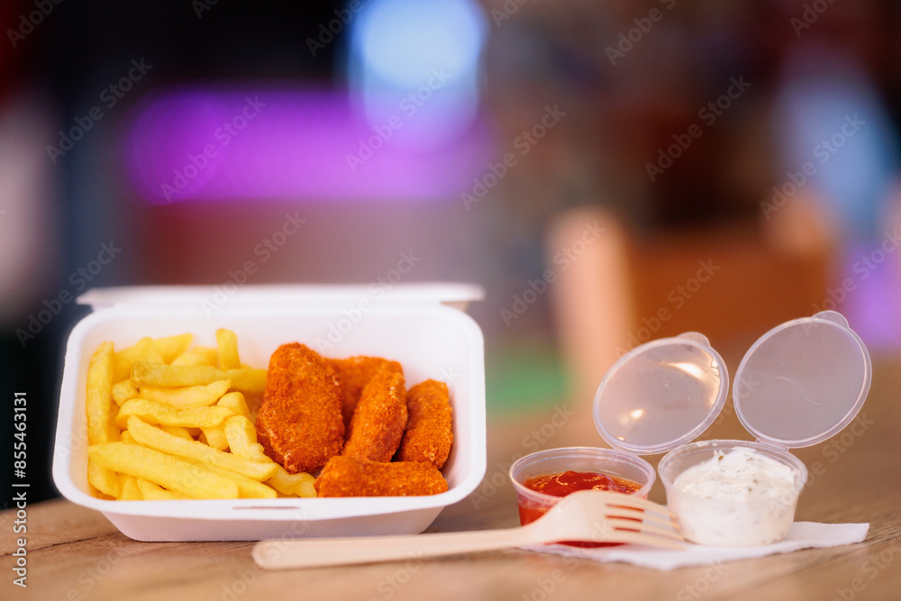 Chicken Nuggets with Fries Fast Food Menu with Sauces. Delicious ...