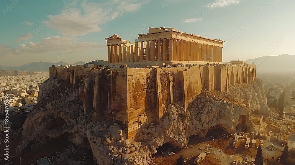 Drone capturing the Acropolis in Athens, highlighting the Parthenon and surrounding ruins, with ...