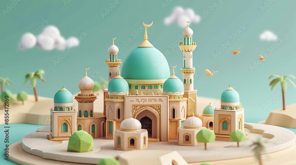 simple lowpolly cute 3d of islamic background, minimal color, isometric ...