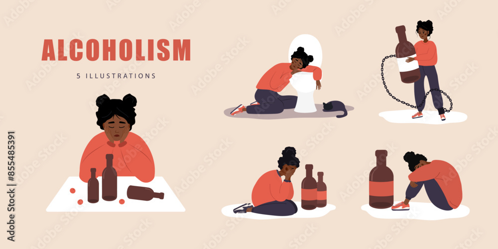 Alcoholism concept. Set of depressed african female characters with ...