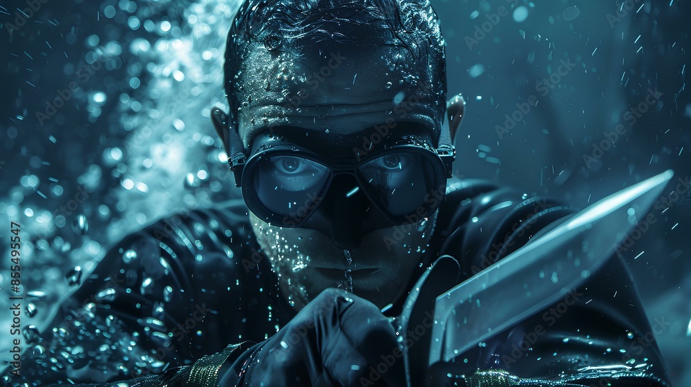A commando emerging from underwater, wearing a wetsuit and night-vision ...