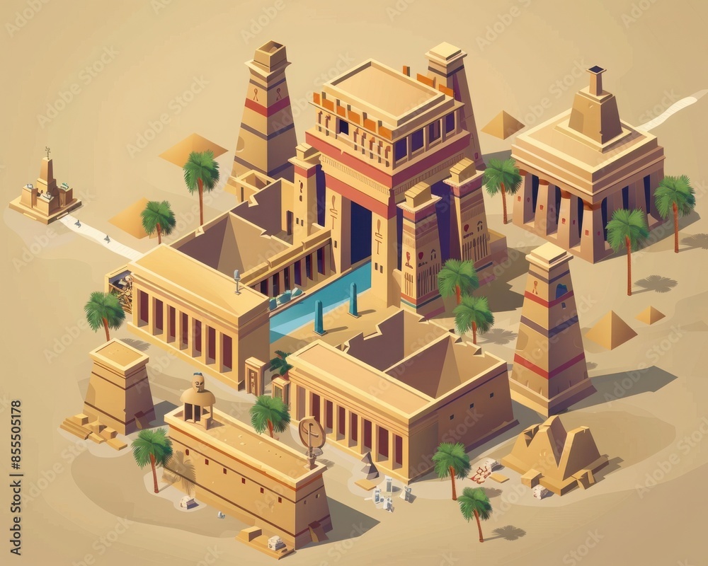 Isometric illustration of an ancient Egyptian architecture complex with ...