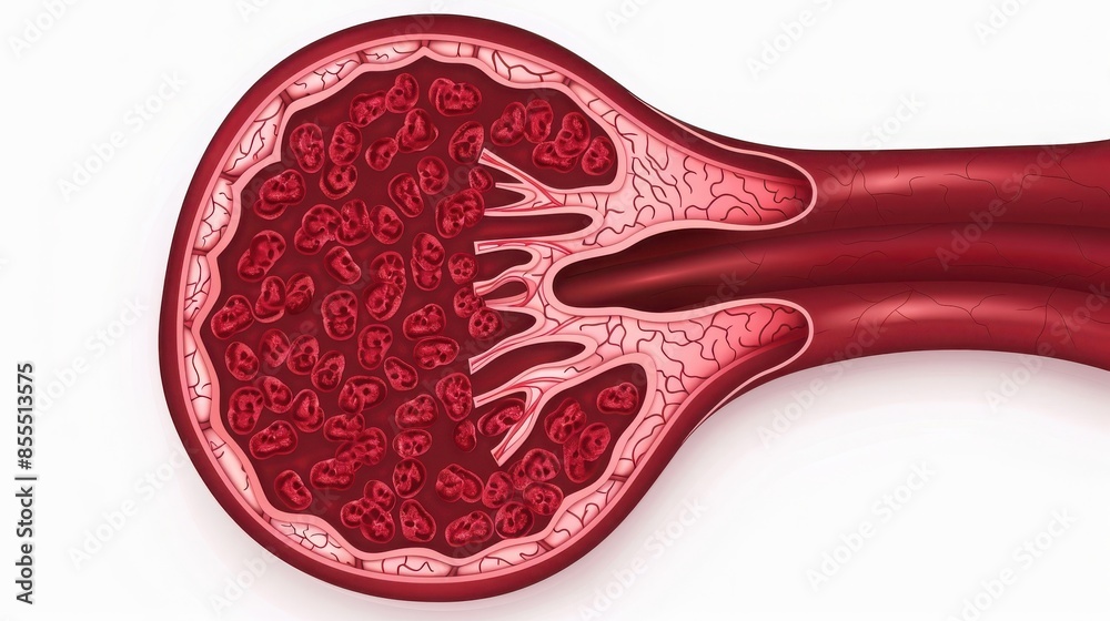 Detailed cross-section illustration of a blood vessel and capillaries ...