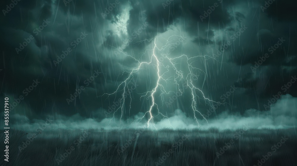 Dramatic stormy sky with intense lightning bolts and heavy rain ...