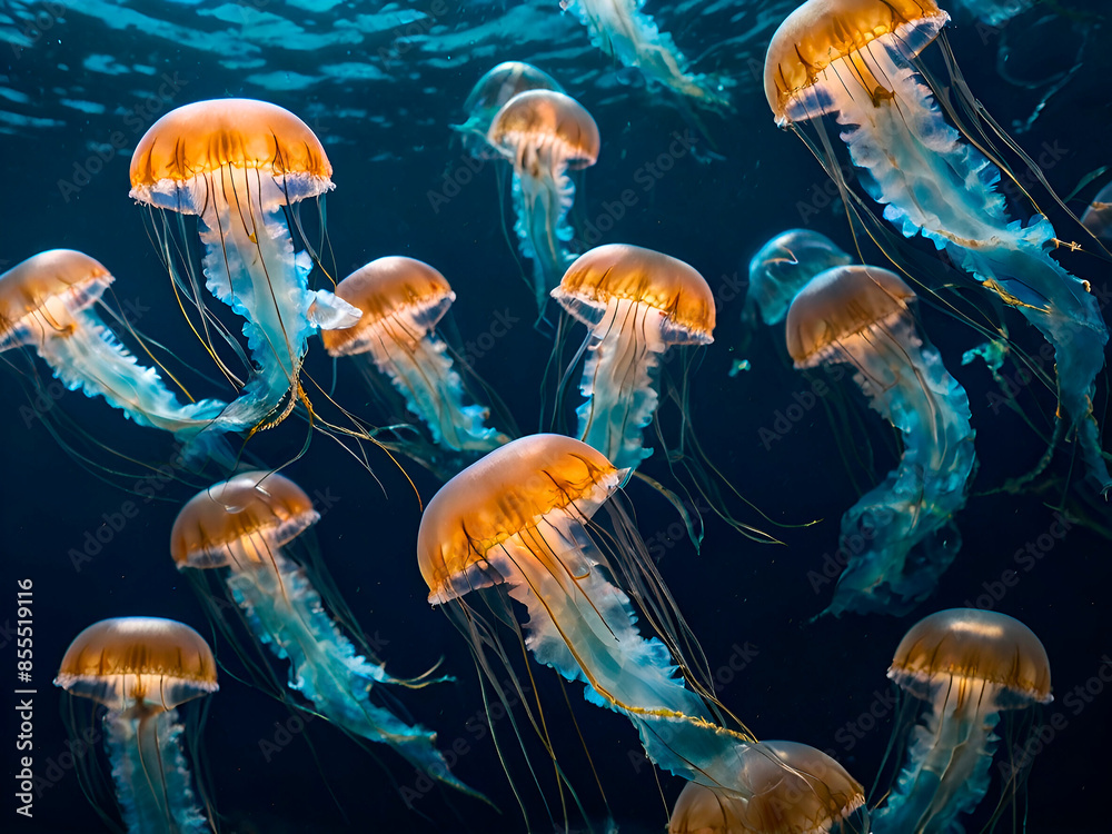 A swarm of jellyfish drifted through the deep sea, their translucent ...