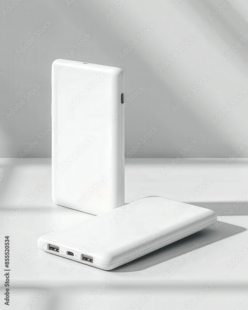 white mockup of a power bank, sleek design, front and back view,cool ...
