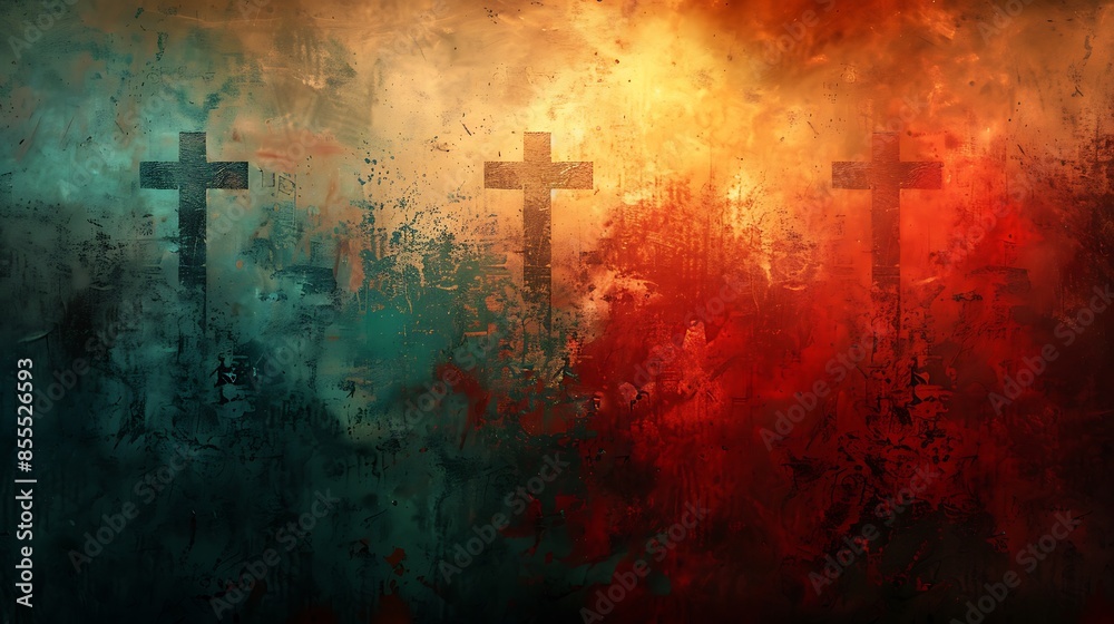 A vibrant design featuring cross patterns overlaying an ancient ...