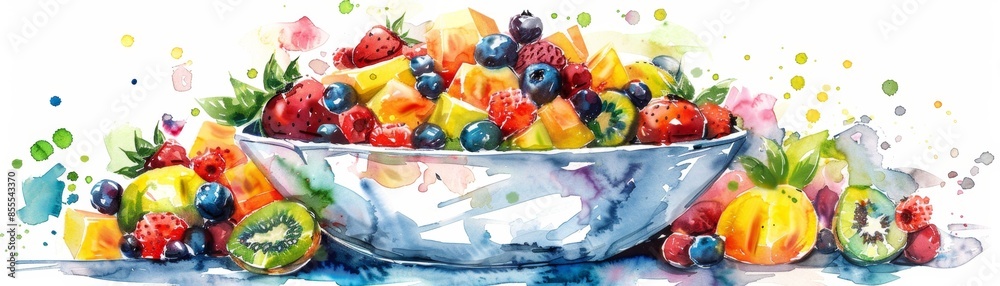 Fresh and Juicy Vibrant Watercolor Clipart of Colorful Fruit Salad in ...