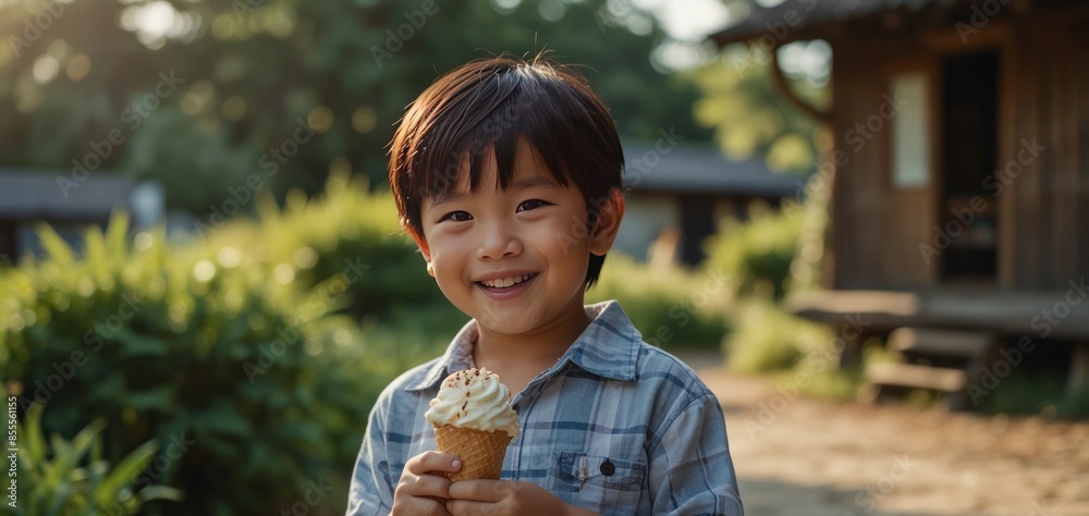 Cute Japanese little boy smiling while holding ice cream cone enjoy his ...