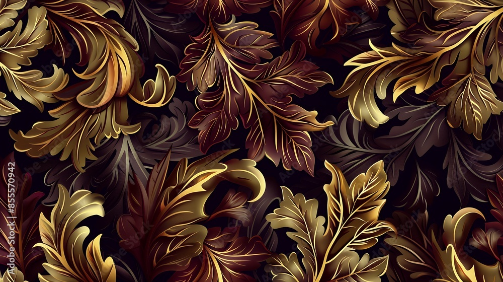 Seamless pattern with vintage acanthus leaves in burgundy and gold ...