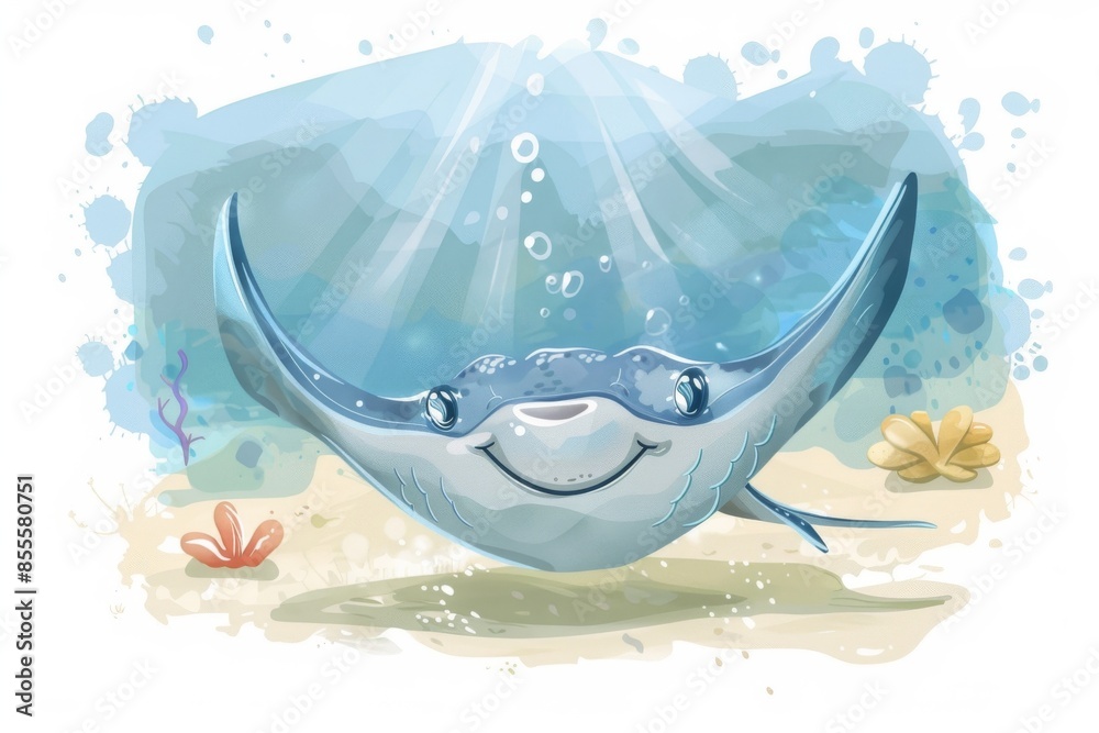 Illustrated happy stingray swimming underwater surrounded by coral ...
