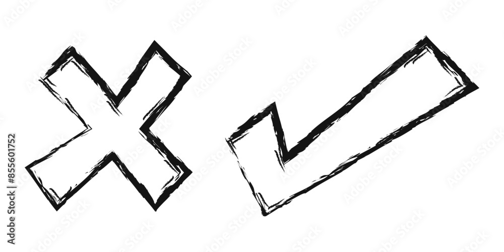 Doodle check mark and cross mark icon set. Tick symbol. checklist signs ...