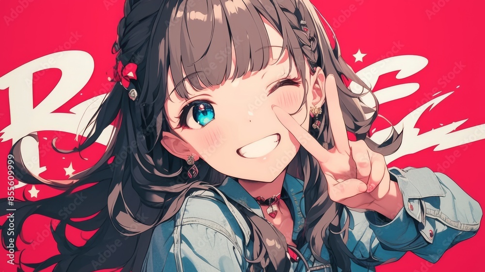 Fotografia do Stock Anime girl holding up a V finger sign with a big ...