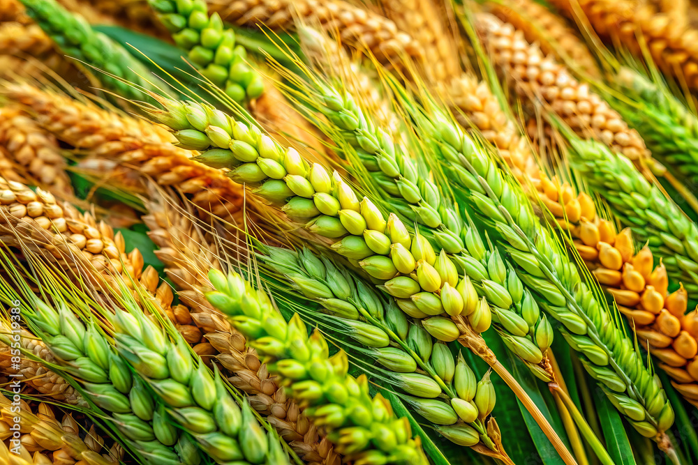 Close-up view of green and golden wheat spikes intertwined, showcasing ...