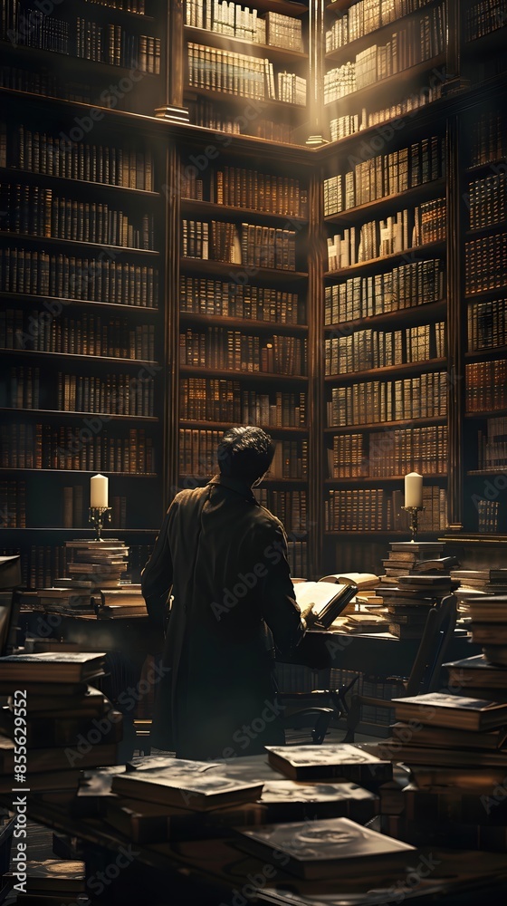 Reclusive Academic Poring Over Ancient Manuscripts in Dimly Lit Study ...