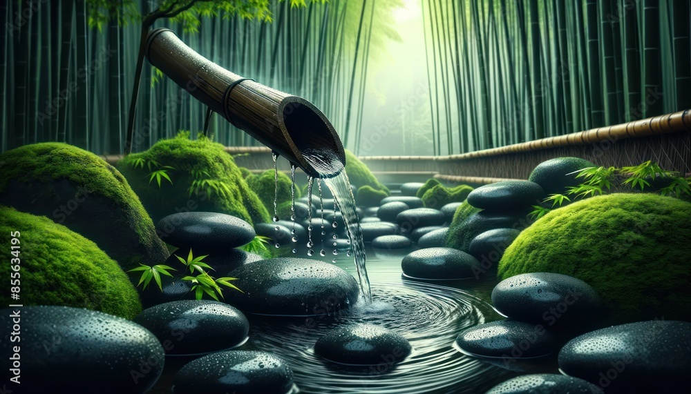 serene and tranquil scene capturing water gently flowing from a bamboo ...
