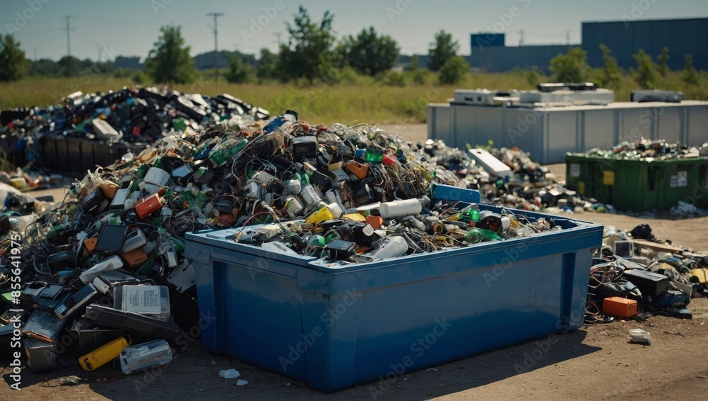 e-waste recycling station. Include containers for old electronics such ...