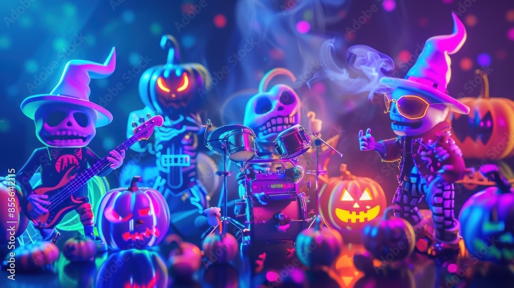 A group of skeleton figurines dressed in halloween costumes Stock ...