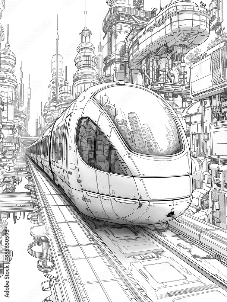 Unique train coloring page in the future city. Cartoon style hand ...