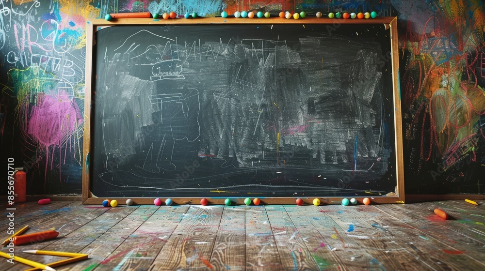 Messy chalkboard with colorful chalk marks in a school classroom ...