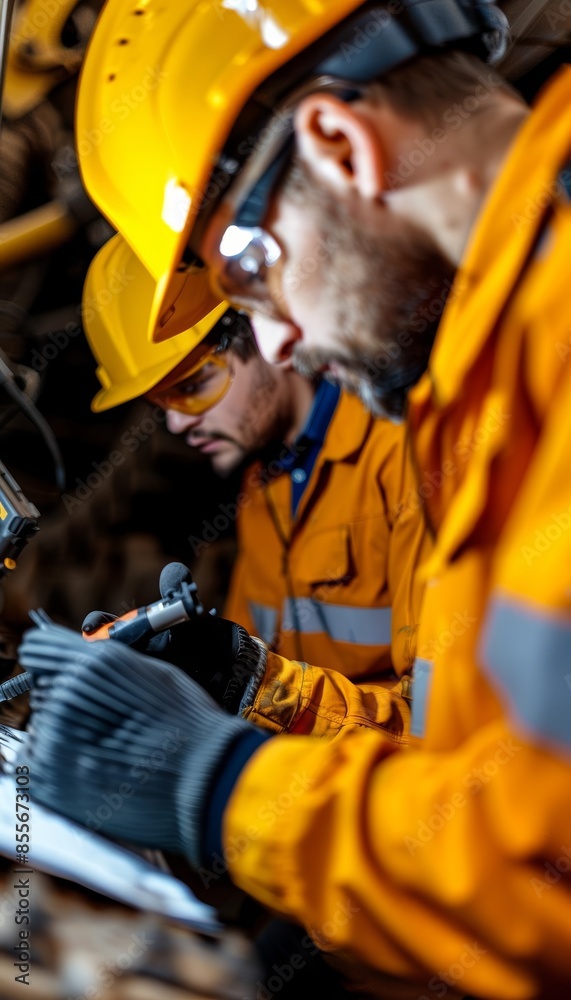 Mechanics performing diagnostic tests on construction equipment side ...