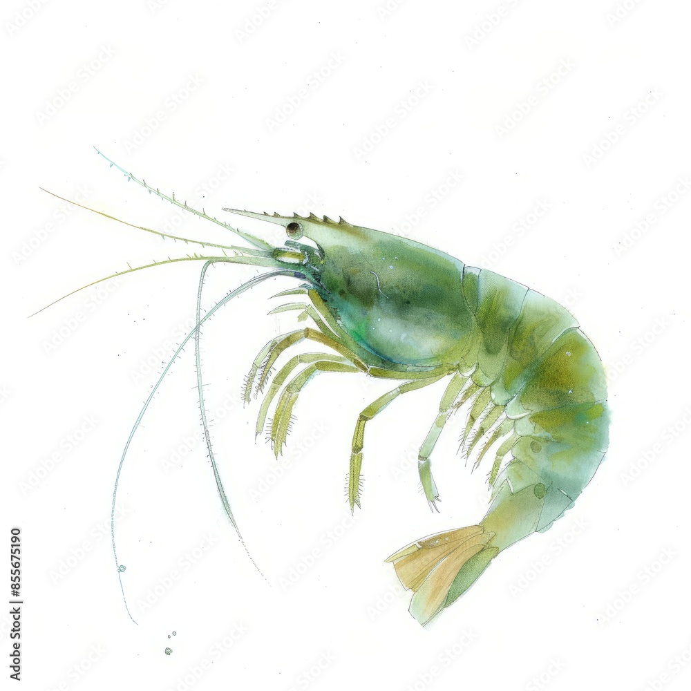Watercolor painting of a bioluminescent shrimp, with its tiny body ...