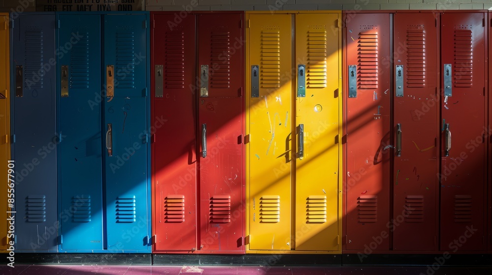 Row of colorful high school lockers with combination dials and ...