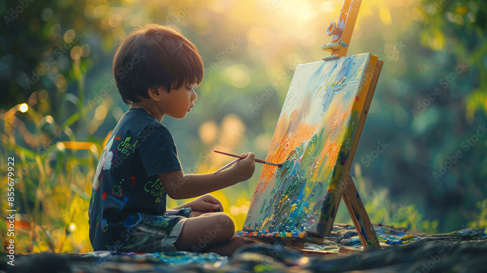 A child painting, expressing emotions through colors and shapes in a ...