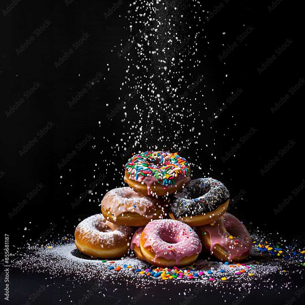 Conceptual image showing a stack of donuts being showered with sugar ...
