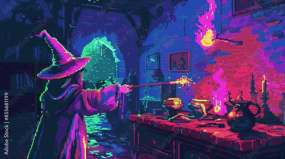 8bit wizard character, casting spells, pixel art style, vibrant colors ...