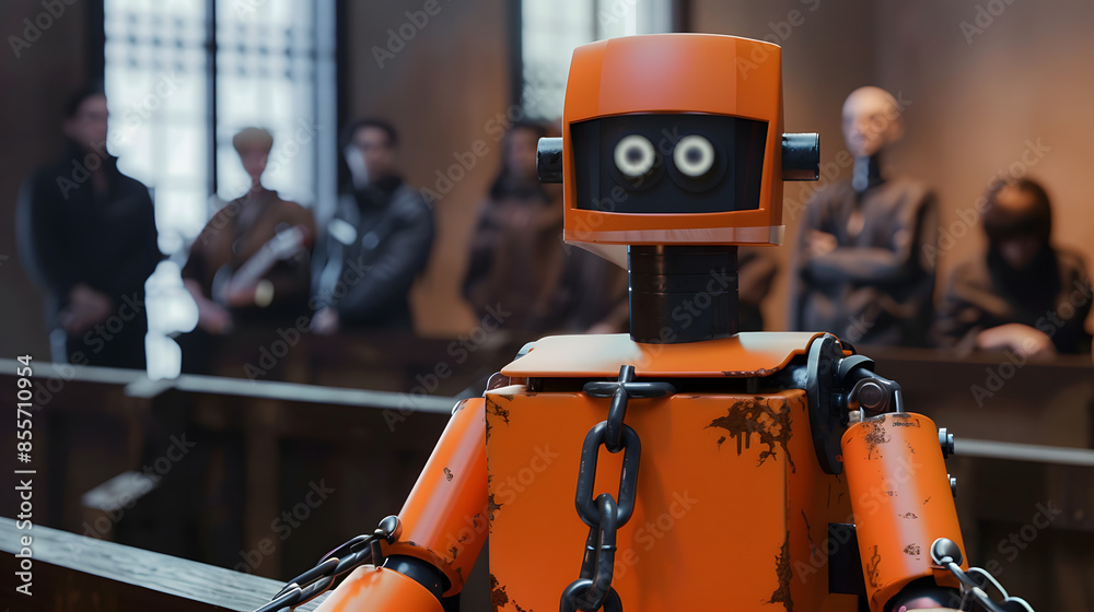 ai robot sentenced in court in orange jumpsuit, chained and seated in a ...