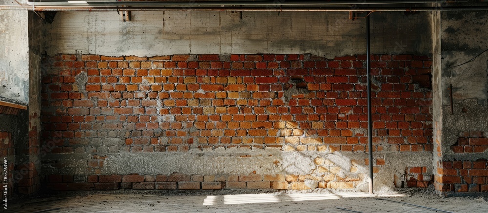 Monolithic brick basement wall. heating pipes lie on floor. New empty ...