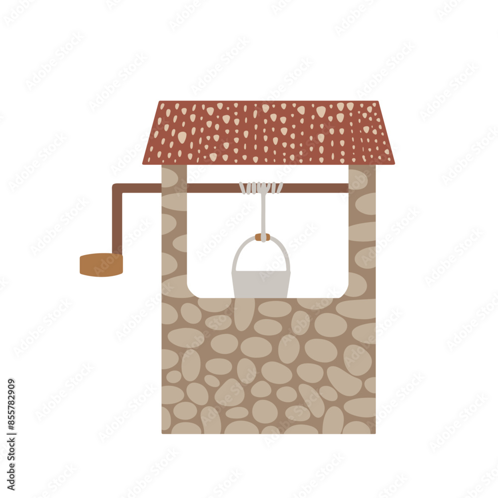 Water well vector illustration. Hand drawn old stone well with roof and ...