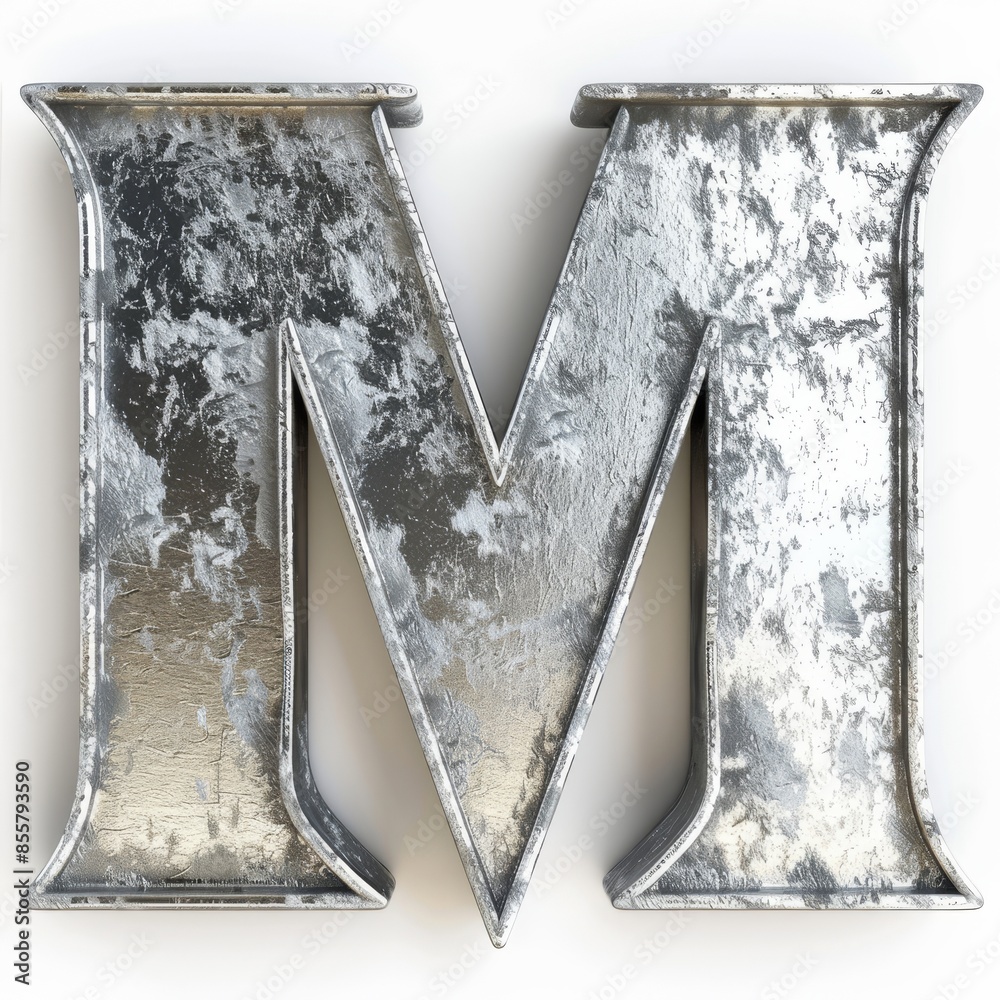 The letter M in 3D glossy silver has a liquid metal surface, and the ...